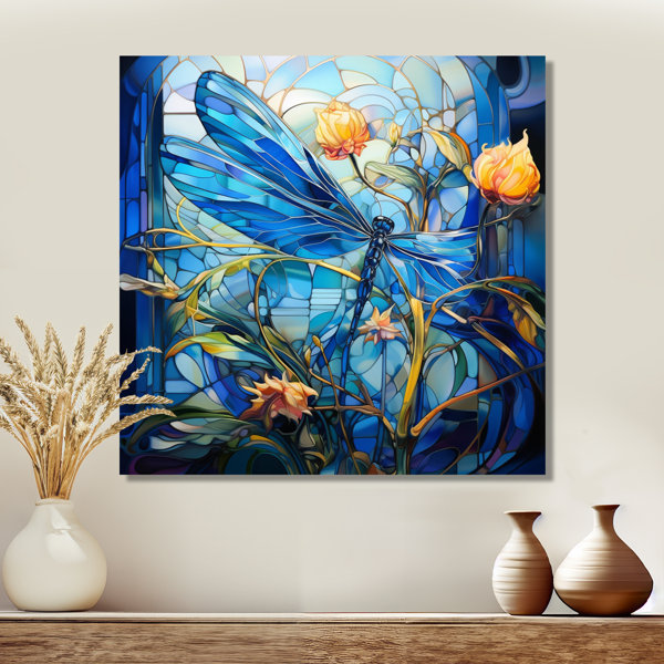 August Grove® Blue Dragonfly Yellow Flowers - Dragonfly Animal Wall Art Living Room | Wayfair